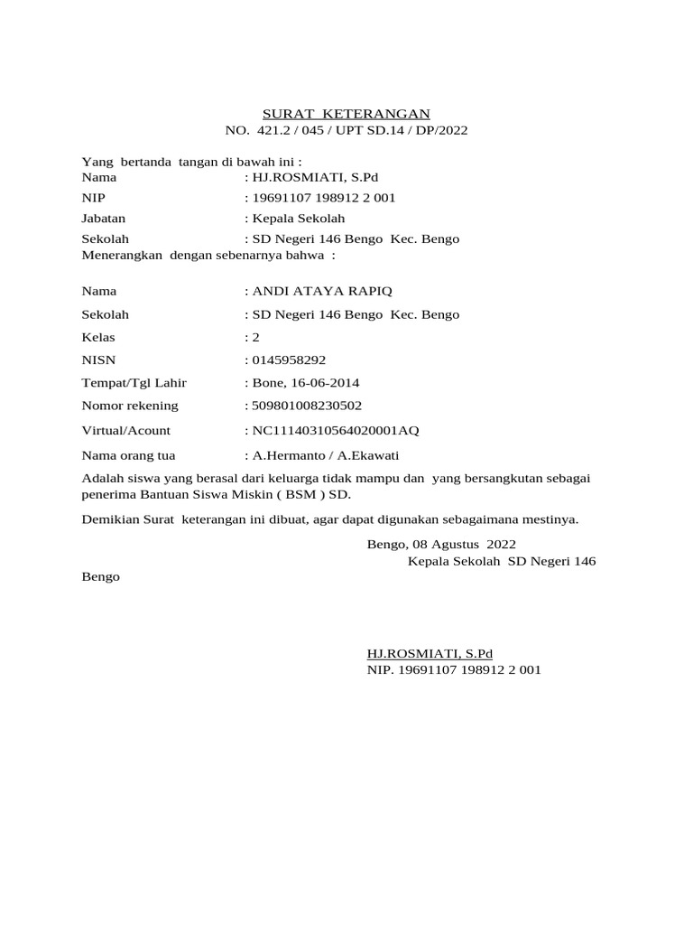 SURAT KETERANGAN BSM | PDF
