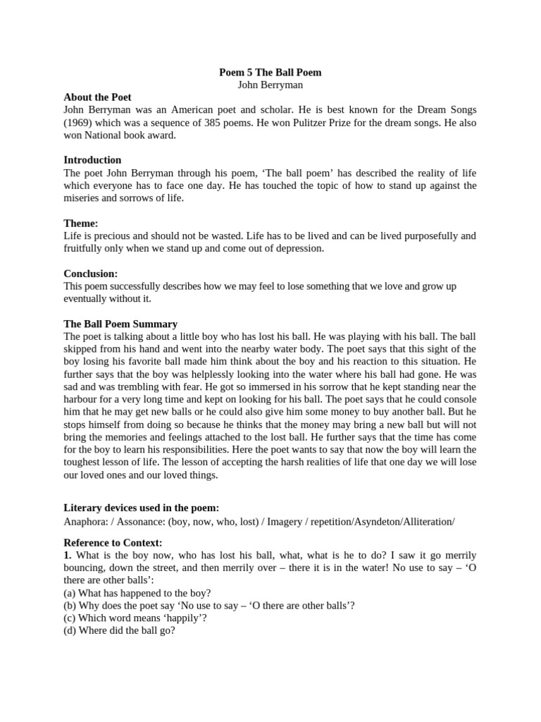 The Ball Poem Notes and Practise question | PDF | Poetry