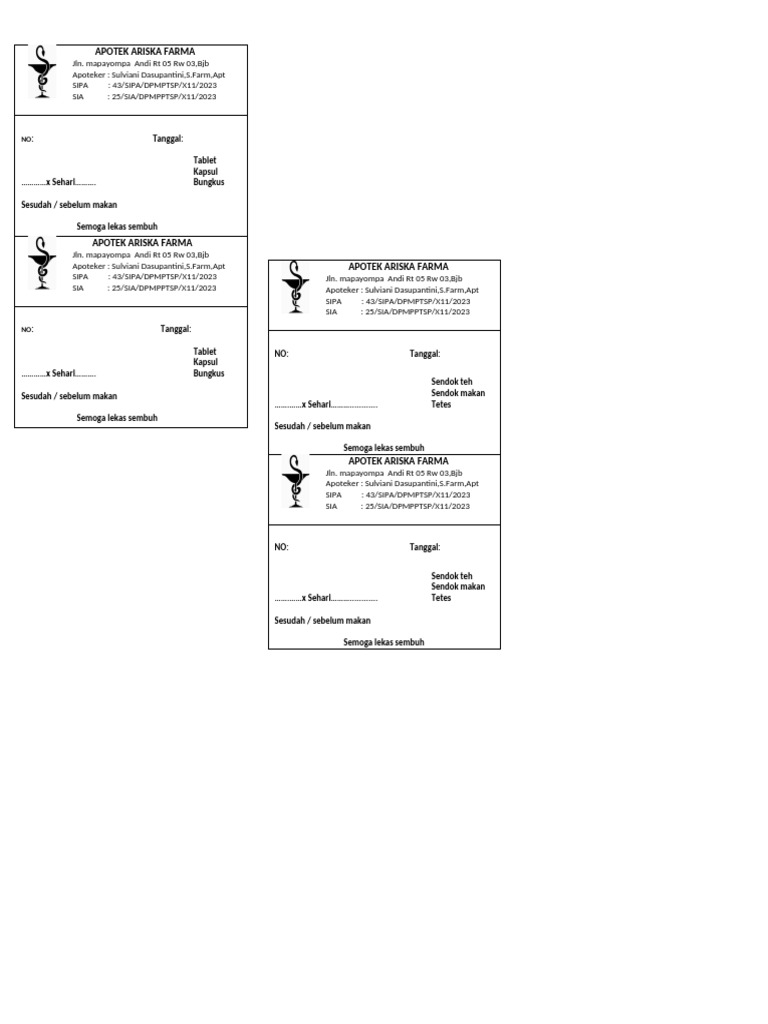 Etiket Putih Untuk Obat Dalam Dan Sirup Iyar | PDF