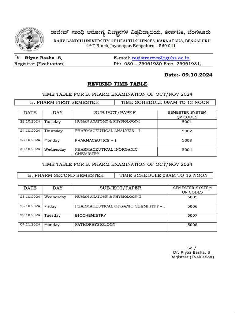 Revised Time Table B.pharm Octnov 2024 | PDF | Pharmacology | Pharmaceutical Industry