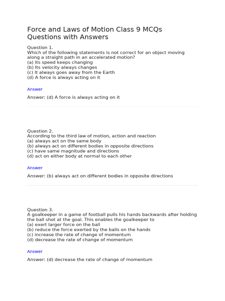 Force and Laws of Motion Class 9 MCQs Questions With Answers | PDF ...