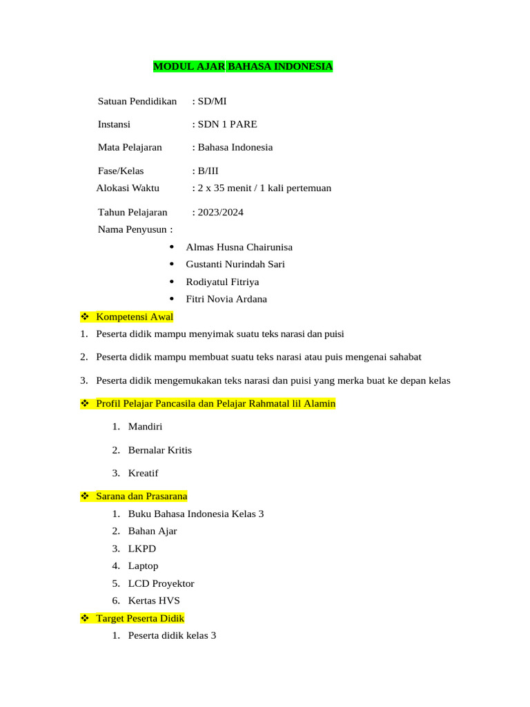 Modul Ajar Bahasa Indonesia Fase B Kelas 3 | PDF | Seni & Disiplin Bahasa