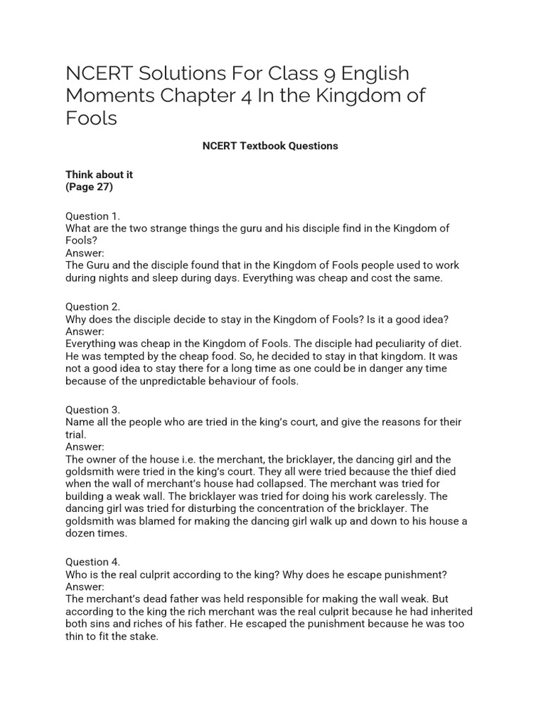NCERT Solutions For Class 9 English Moments Chapter 4 in The Kingdom of ...