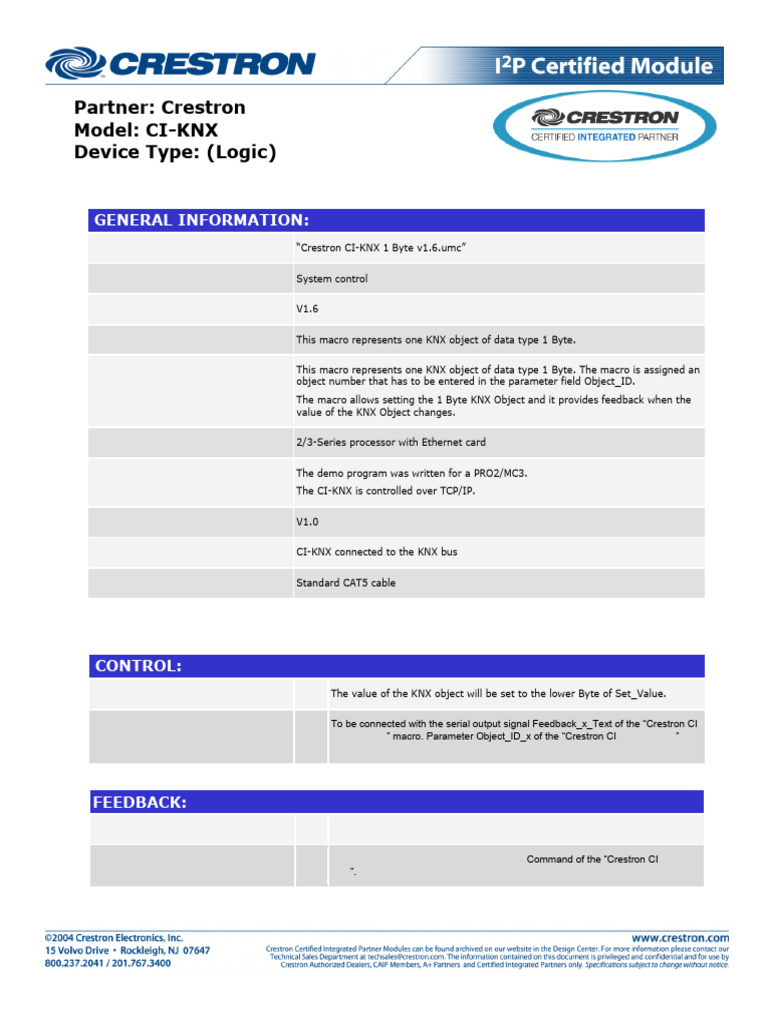 Crestron CI-KNX 1 Byte v1.6 Help | PDF | Parameter (Computer Programming) | Input/Output