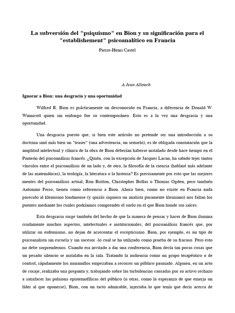 La Subversión Del Psiquismo en Bion - Pierre Henri Castel | PDF ...