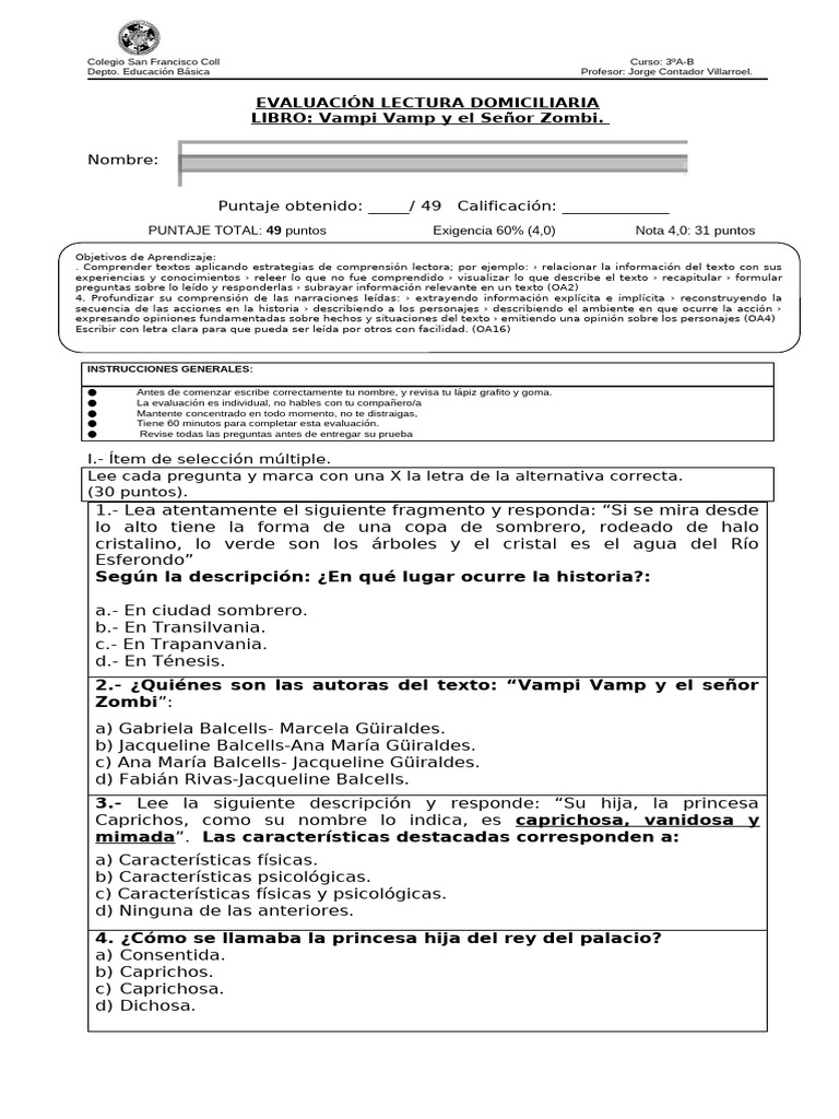 Evaluación de Lectura: Vampi Vamp y Zombi | PDF | Aprendizaje