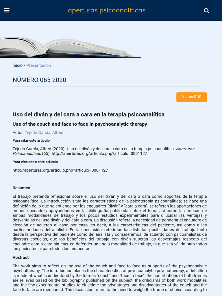 Uso Del Diván y Del Cara A Cara en La Psicoterapia Psicoanalítica ...