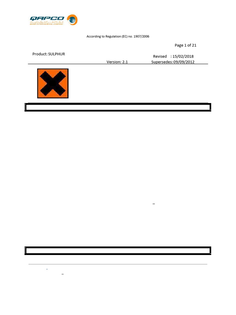 Sulphur Material Safety Data Sheet | PDF | Chlorine | Sulfur
