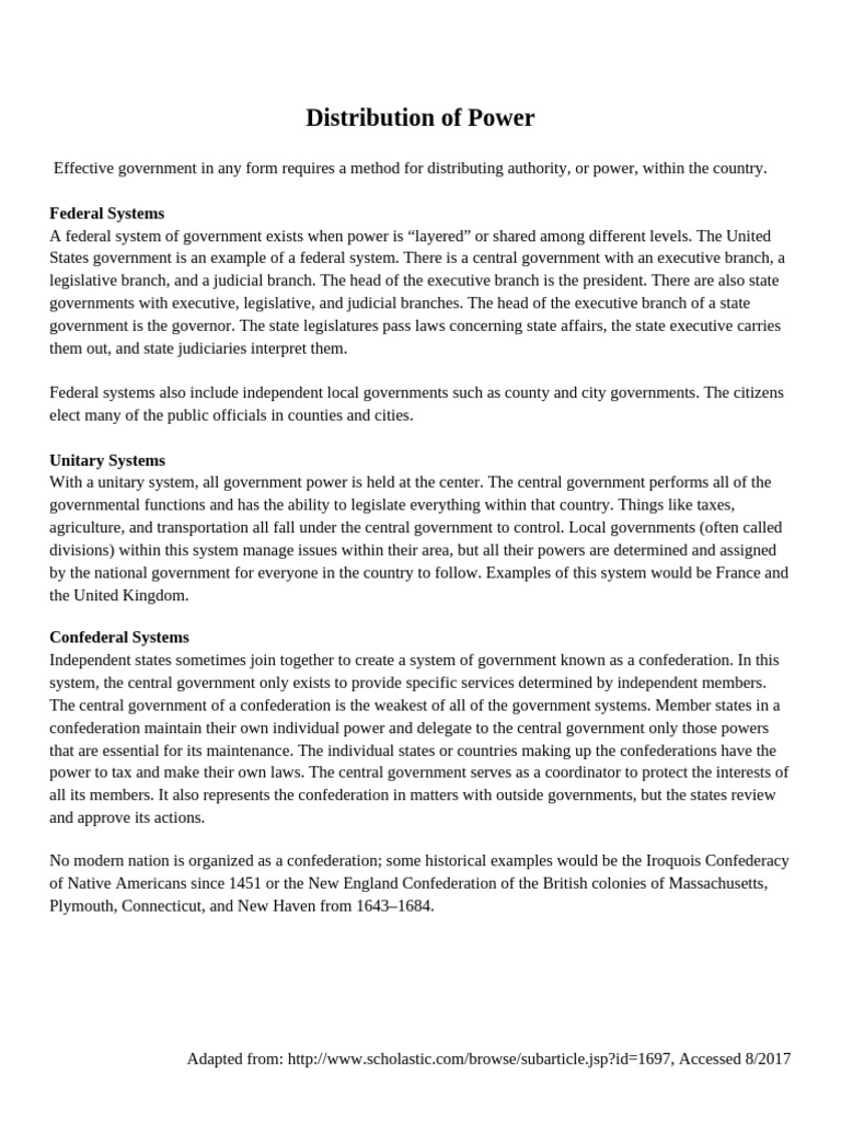 Handout+2 +Distribution+of+Power+Reading | PDF | Legislature | Federal Government Of The United ...