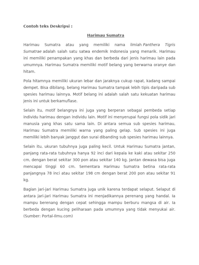 Deskripsi Harimau Sumatra yang Unik | PDF