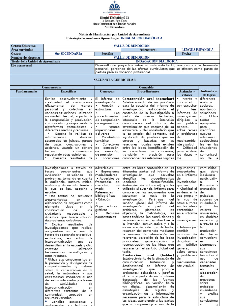 MATRIZ PLANIFICACION POR UNIDAD DE APRENDIZAJE DE 6to SECUNDARIA | PDF | Argumento | Verbo