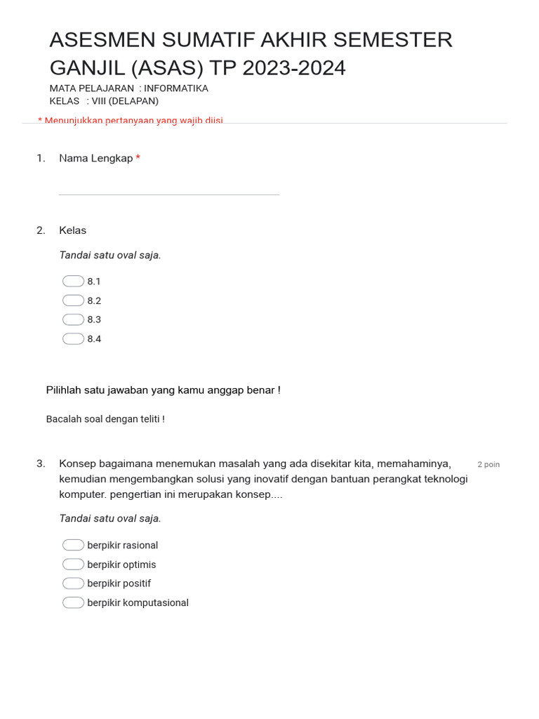 Asesmen Sumatif Akhir Semester (Asas) Informatika - Google Formulir | PDF