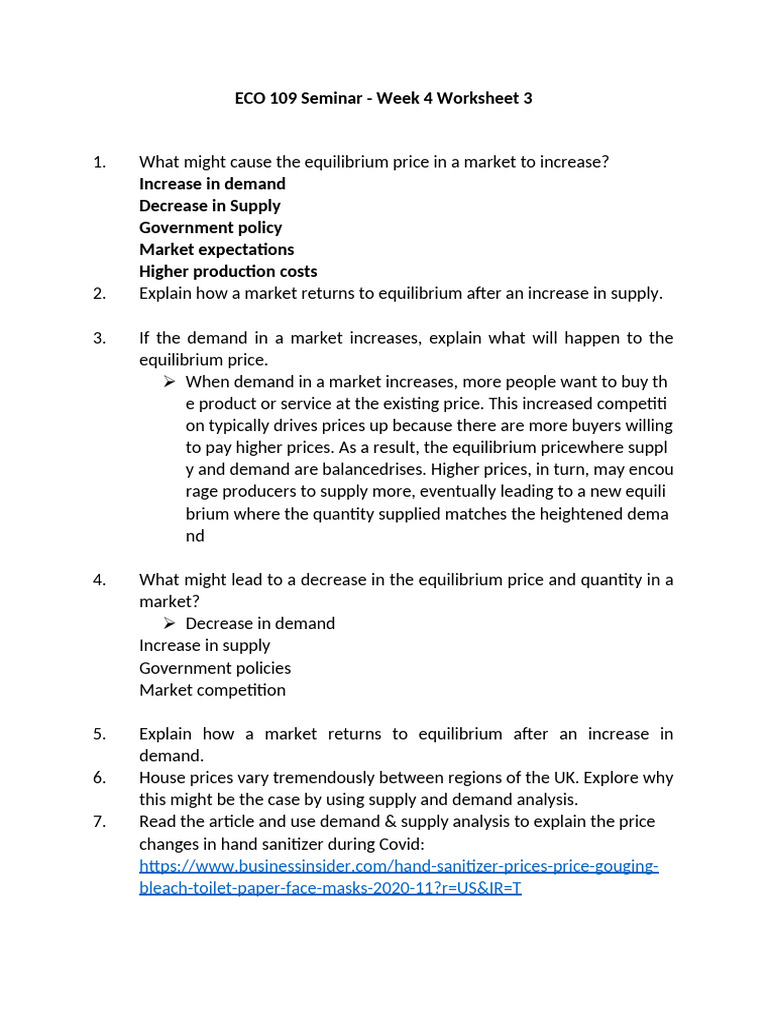 ECO109 Seminar - Week 4 Worksheet 3 | PDF