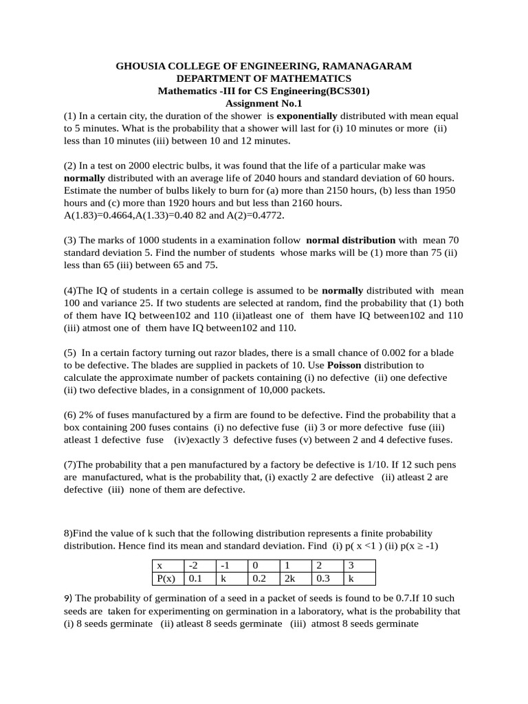 Assignment.1 3rd Sem CSE | PDF | Normal Distribution | Standard Deviation