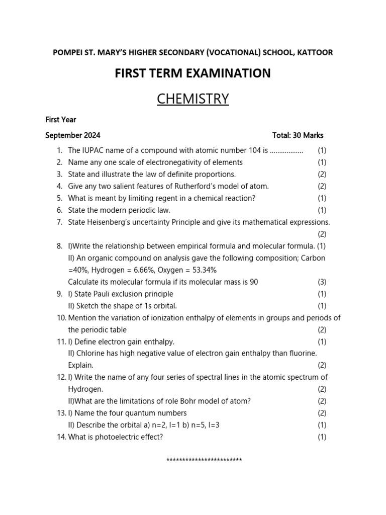 Chemistry Exam Questions for First Year | PDF | Atomic Orbital | Atoms