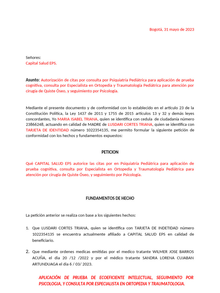 Formato Derecho de Peticion Eps | PDF