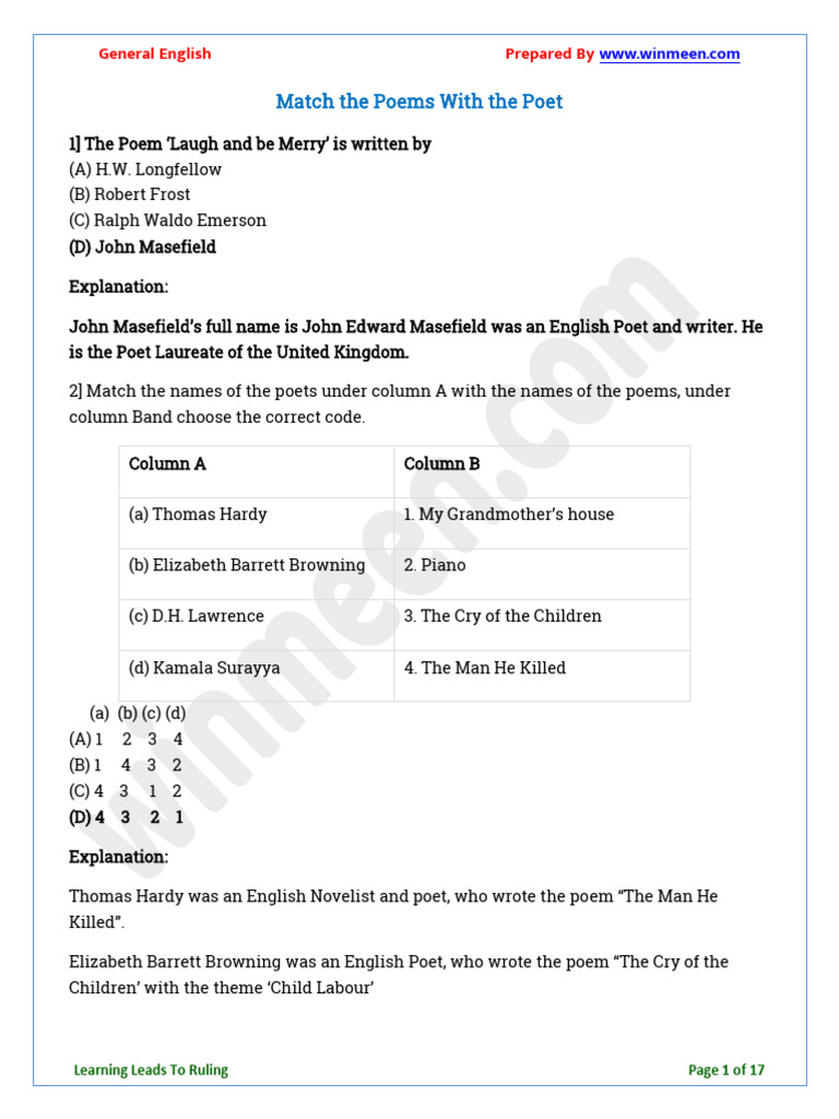 Match The Poems With The Poet | PDF | English Poetry | Poetry