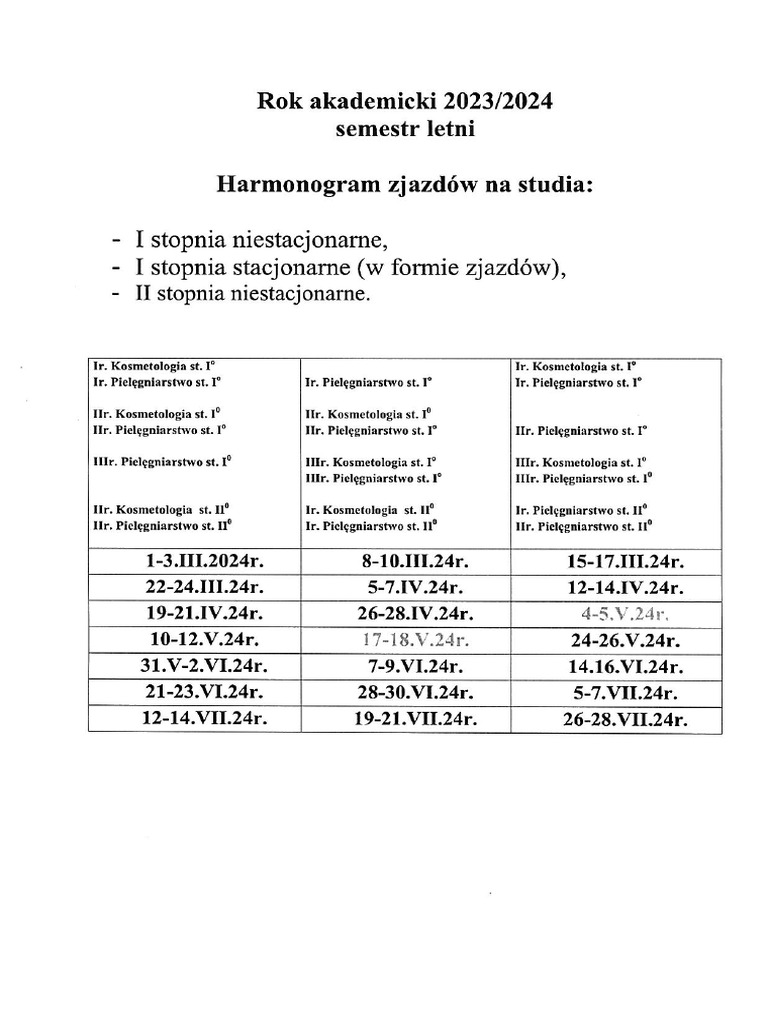 Harmonogram Semestr Letni | PDF