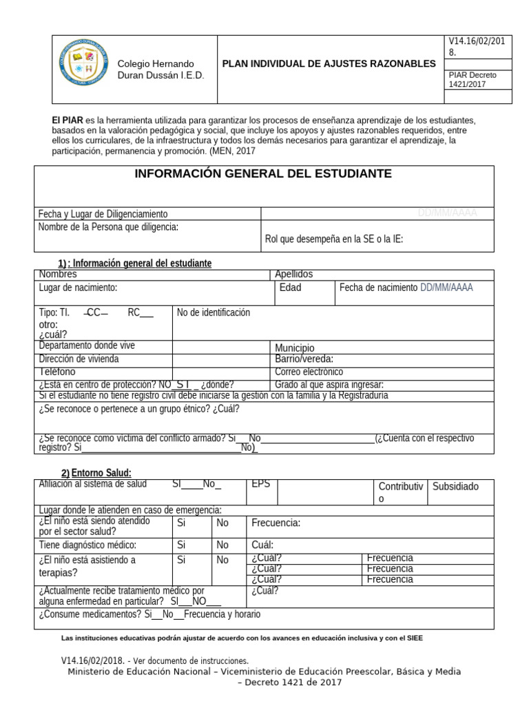 Formato-PIAR 2023 | PDF | Educación de la primera infancia | Enseñando