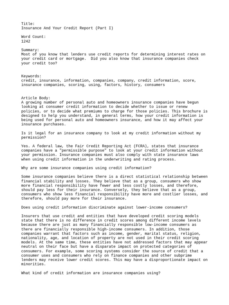 Insurance and Your Credit Report Part I | PDF | Insurance | Credit