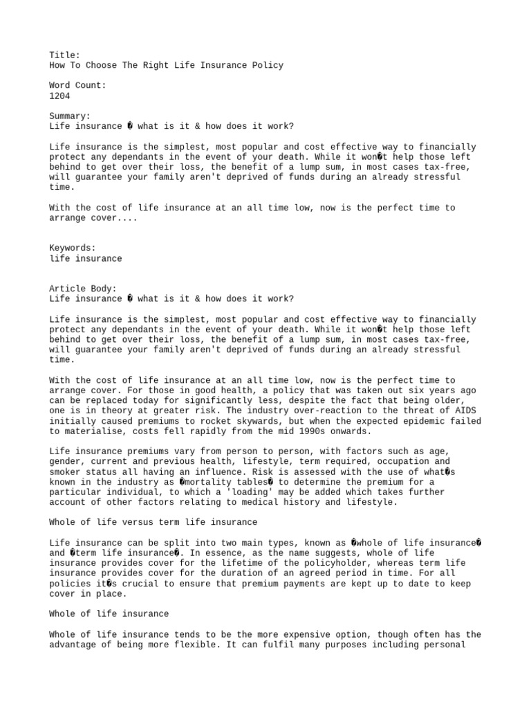 How To Choose The Right Life Insurance Policy | PDF | Life Insurance ...