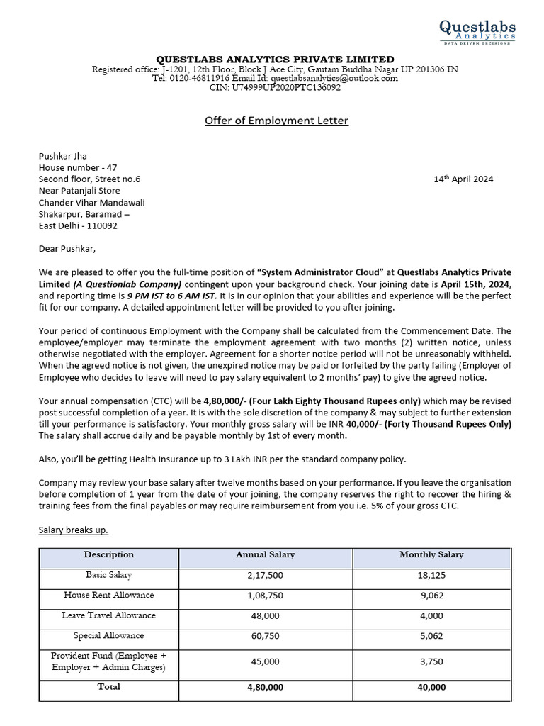 Offer Letter - Pushkar Jha - 14 Apr 2024. | PDF | Salary | Cloud Computing