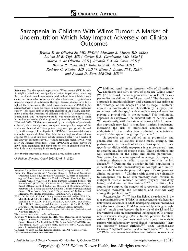 Sarcopenia in Children With Wilms Tumor - A Marker of 2023 | PDF | Chemotherapy | Vertebral Column
