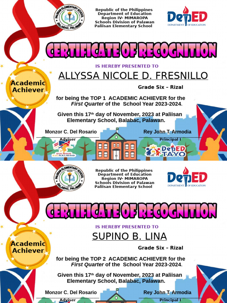 Certificate For Academic Achiever | PDF | Philippines