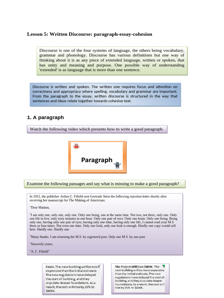 Lesson 5 Written Discourse Paragraph Essay Cohesion | PDF | Essays ...