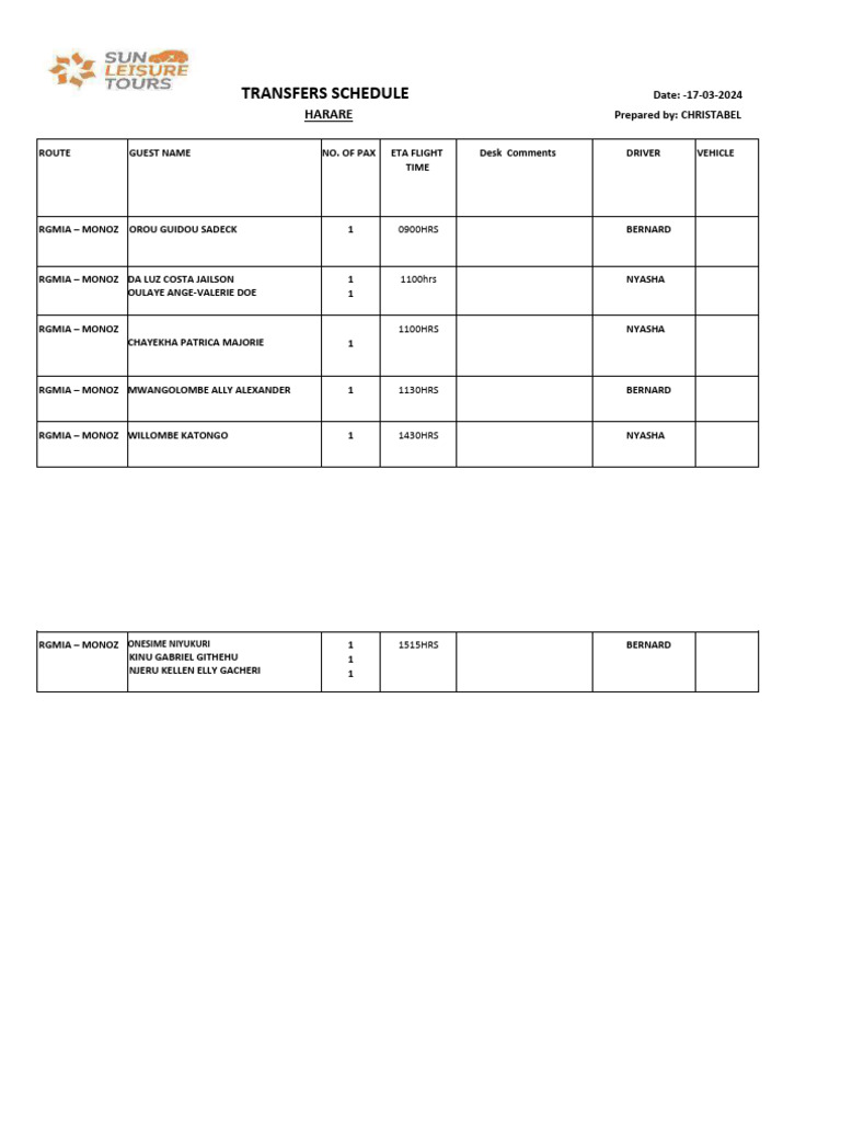 SLT Harare Transfers Schedule 17 March 2024 | PDF