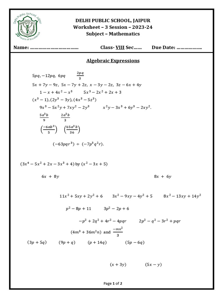 WS 3 Algebraic Exp CH 8 | PDF | Abstract Algebra | Elementary Mathematics