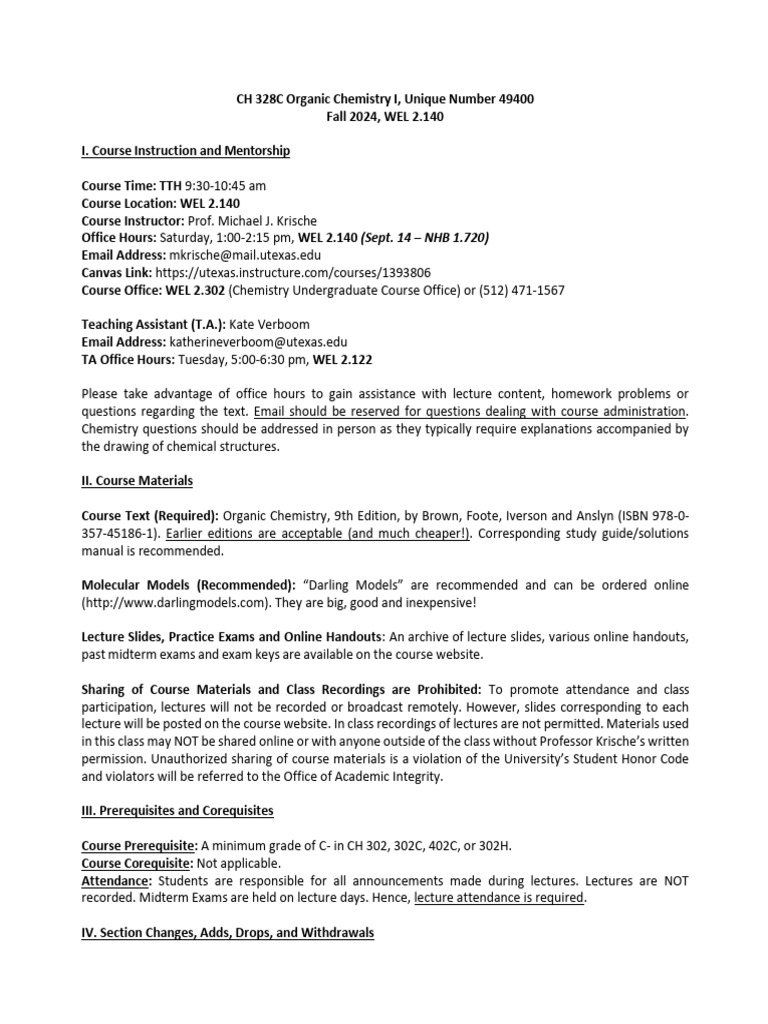 CH 328C Syllabus - Fall - 2024 | PDF | Homework