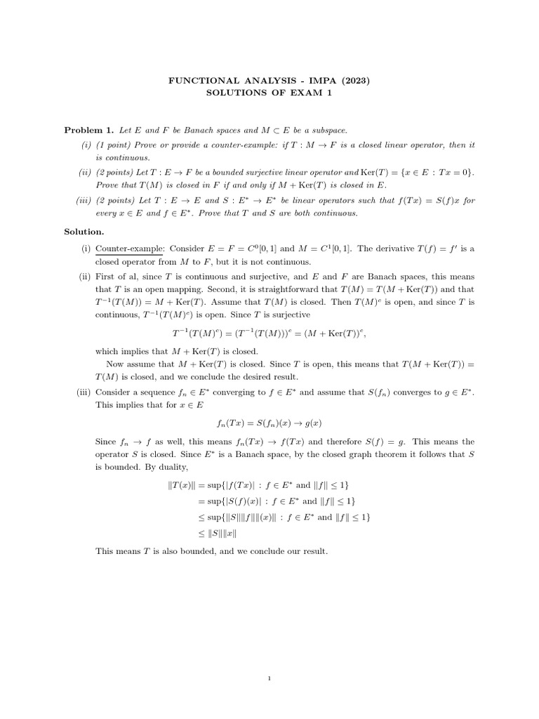 Exam 2 Functional - Analysis (IMPA 2023) - Solutions | PDF | Banach Space | Compact Space