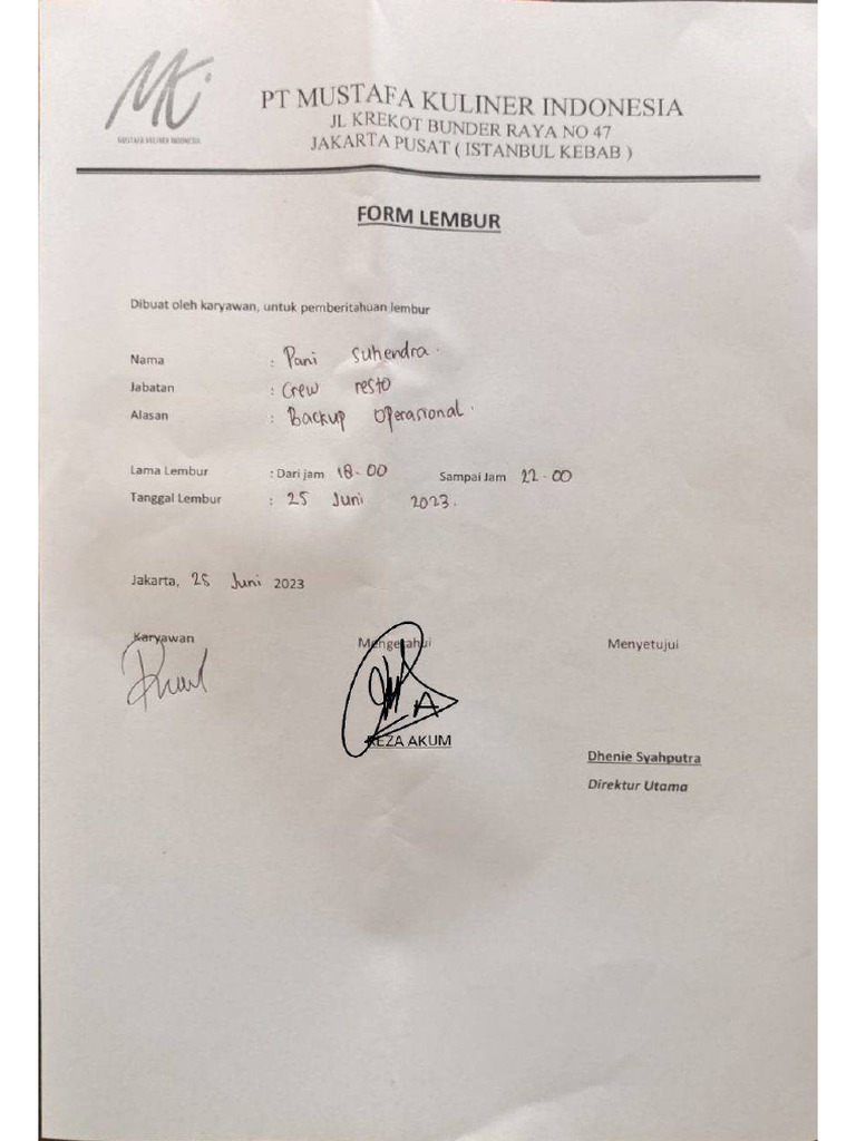 Form Lembur Pani Suhendra | PDF