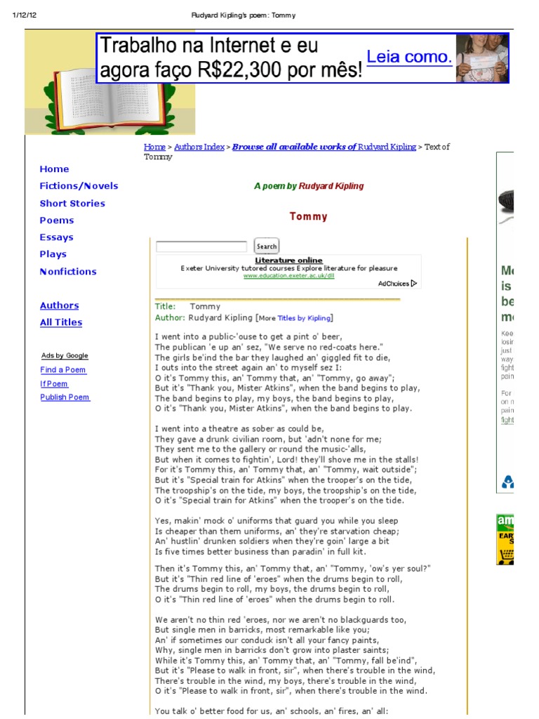 Rudyard Kipling's Poem - Tommy | PDF