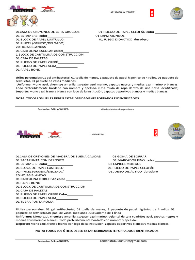 LISTA DE UTILES ESCOLARES 2022-2023 Con Orientaciones de La Profesora Mary Luz Ortuño | PDF ...