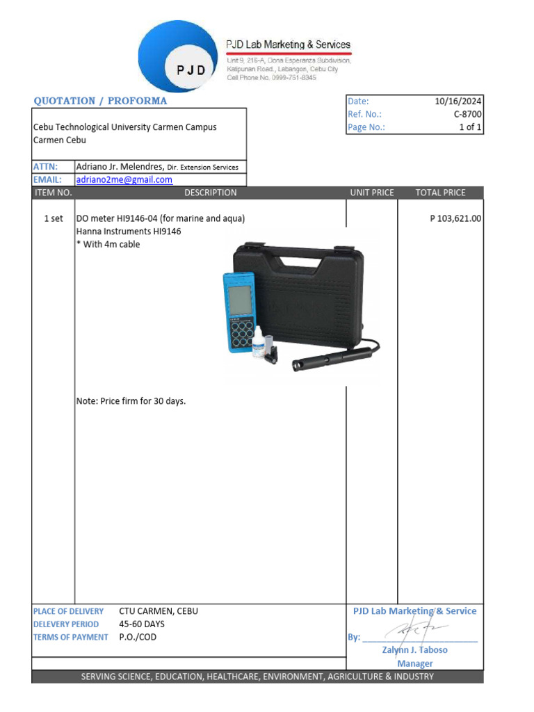 Price Quotation DO Meter | PDF