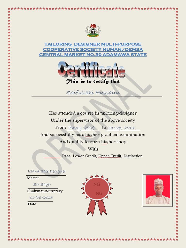 Tailoring Course Completion Certificate | PDF