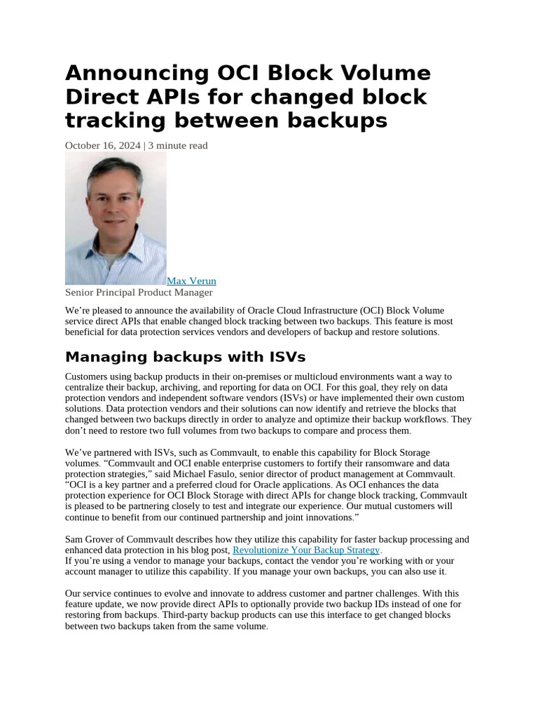 Announcing OCI Block Volume Direct APIs For Changed Block Tracking Between Backups | PDF ...