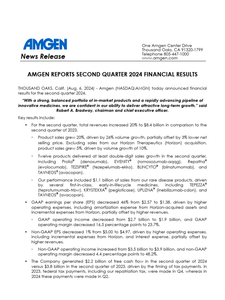 Amgen Q2 2024 Press Release | PDF | Phases Of Clinical Research | Cancer