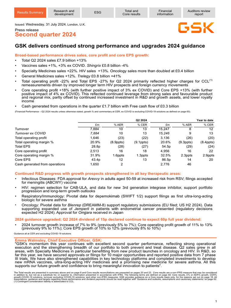 GSK's Strong Q2 2024 Financial Results | PDF | Immunology | Medicine