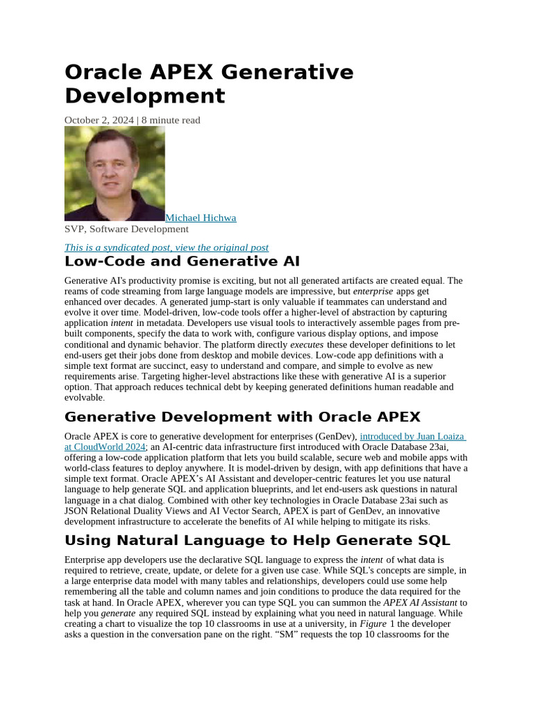 Oracle Apex Generative Development Pdf Sql Artificial Intelligence