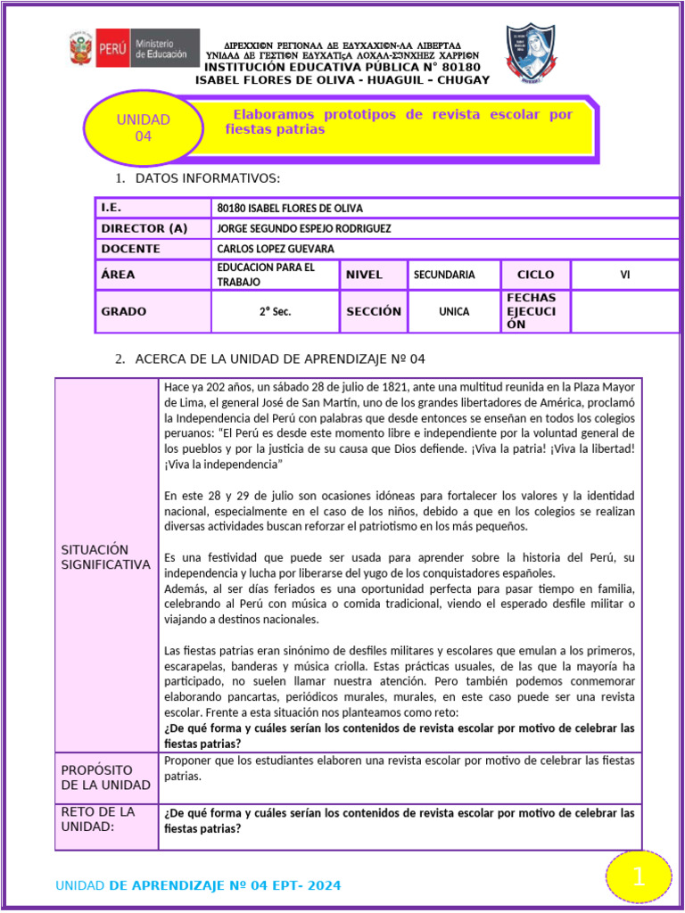 1º Sec. Unidad 04 Ept-2024 | PDF | Aprendizaje | Perú