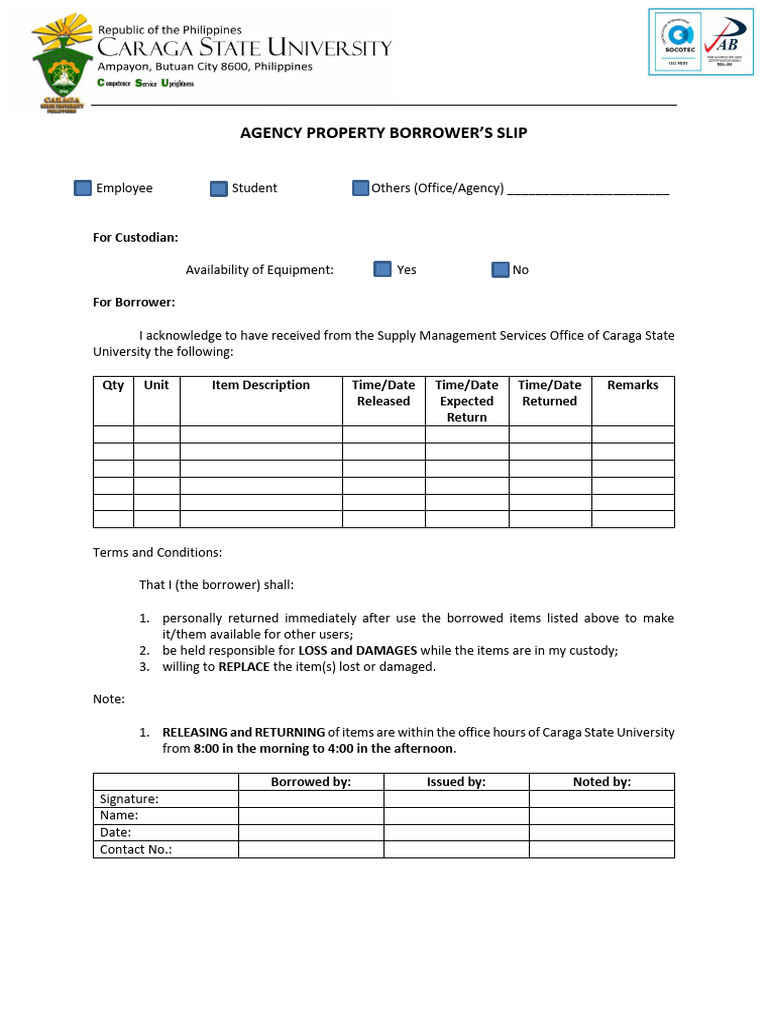 Agency Property Borrowers Slip - Supply | PDF