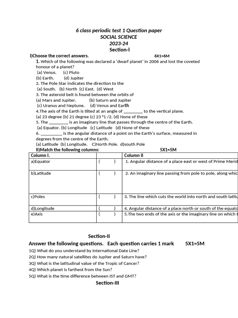 6 Class Periodic Test 1 Question Paper 2023-24 | PDF | Planets | Jupiter
