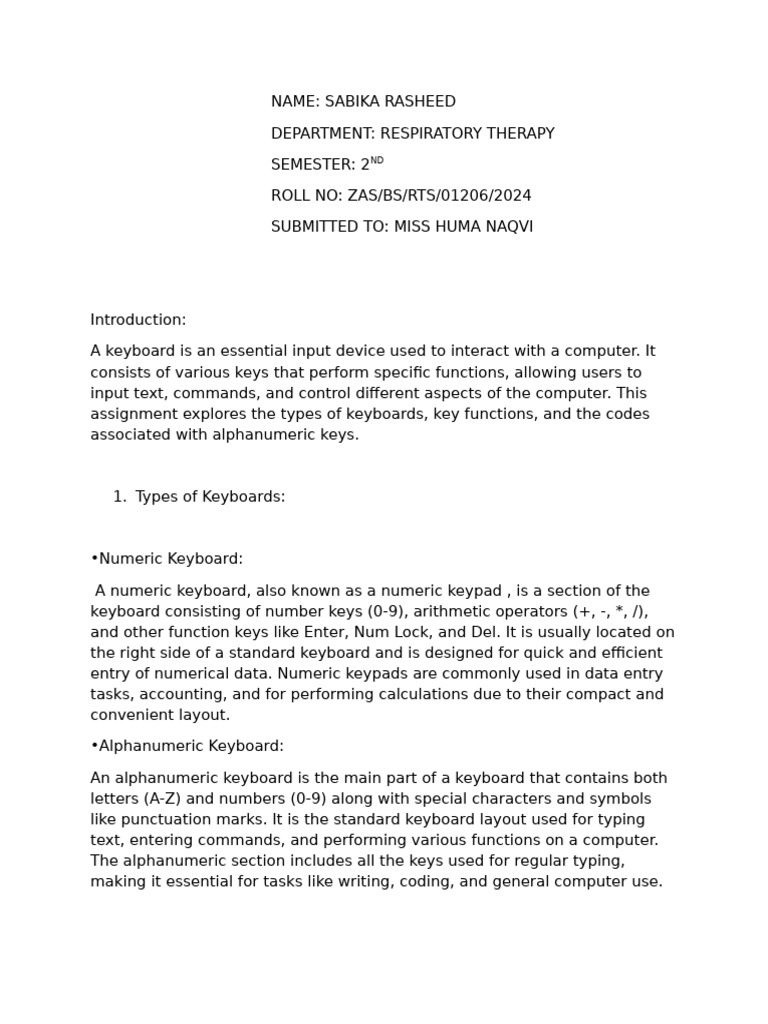 Computer Assignment 1 SABIKA | PDF | Computer Keyboard | Writing Implements