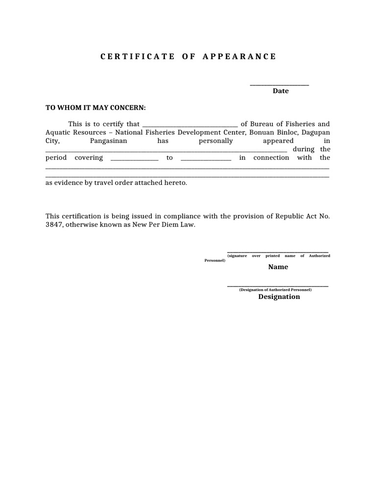 Certificate of Appearance: - Date To Whom It May Concern | PDF