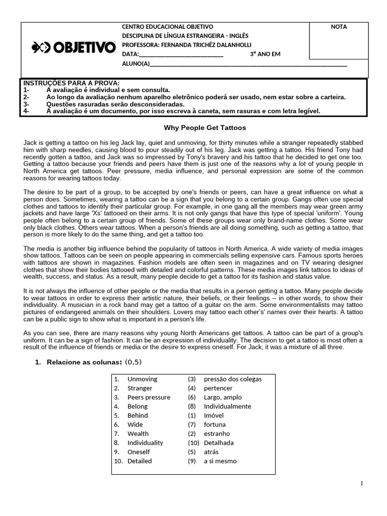 3 ano EM prova A1 gabarito | PDF | Tattoo | Human Body