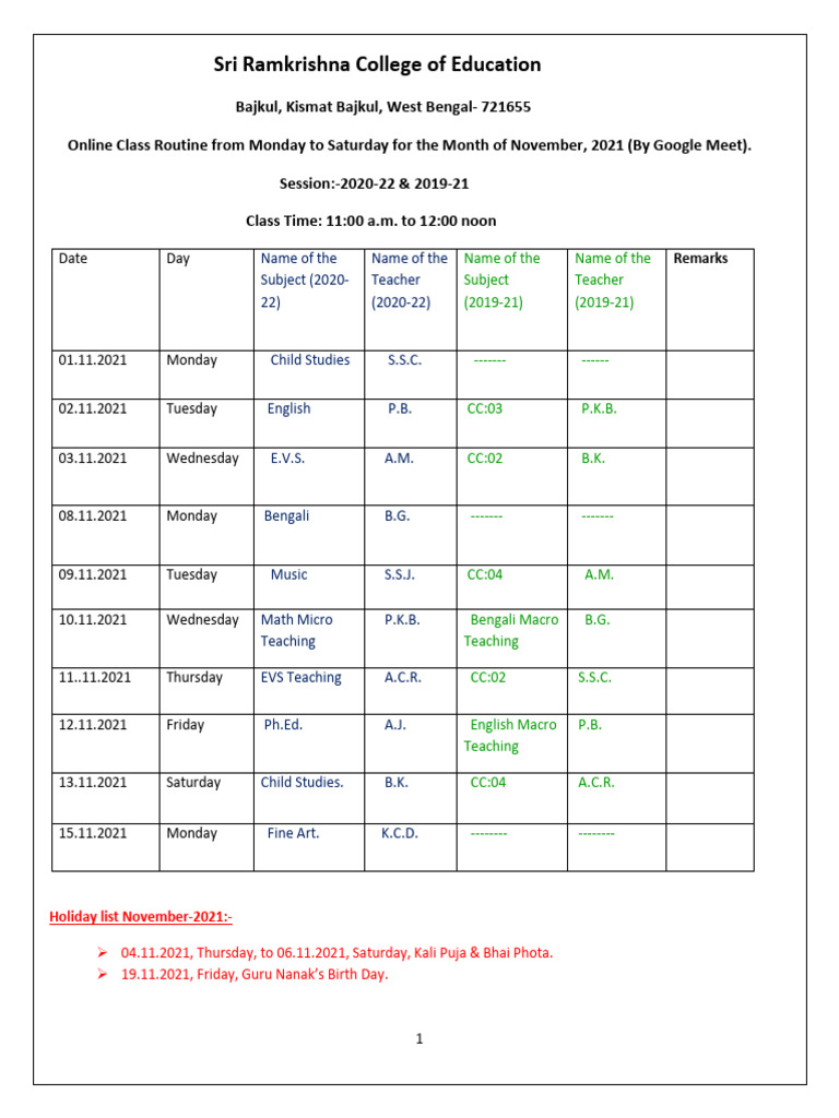 Sri Ramkrishna College of Education. Online Class Routine. - November ...