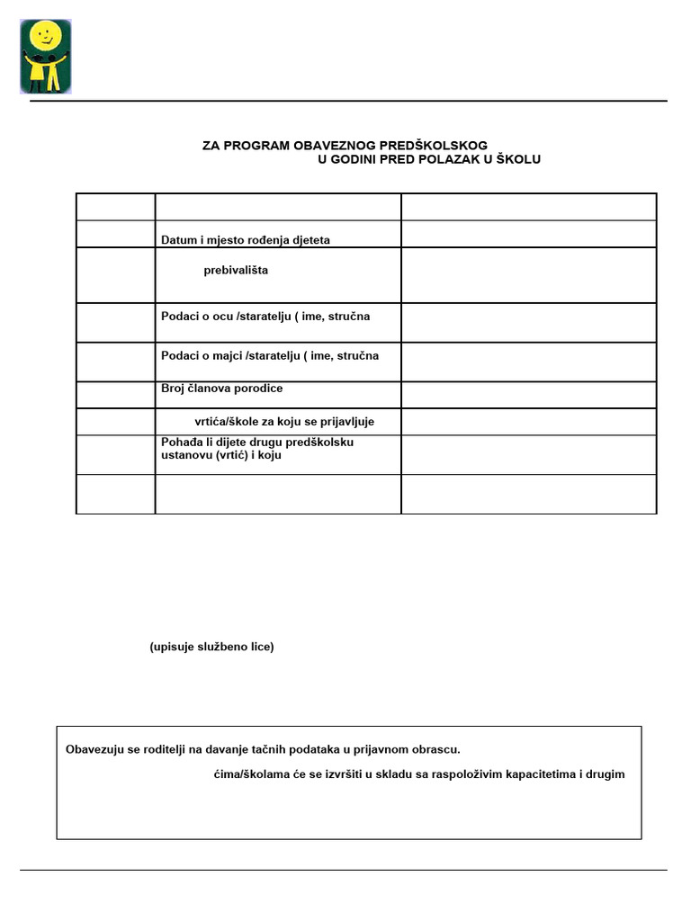 30072020prijavni Obrazac Za Obavezni Program Za Skolsku 2020-2021 | PDF